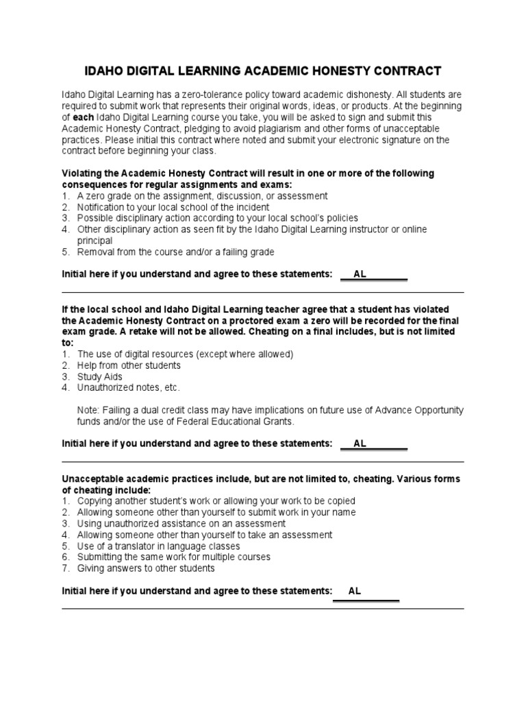 Idaho Digital Learning Academic Honesty Contract | PDF | Academic ...