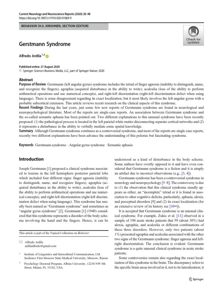 Overview of Gerstmann Syndrome | PDF | Nervous System | Neurology