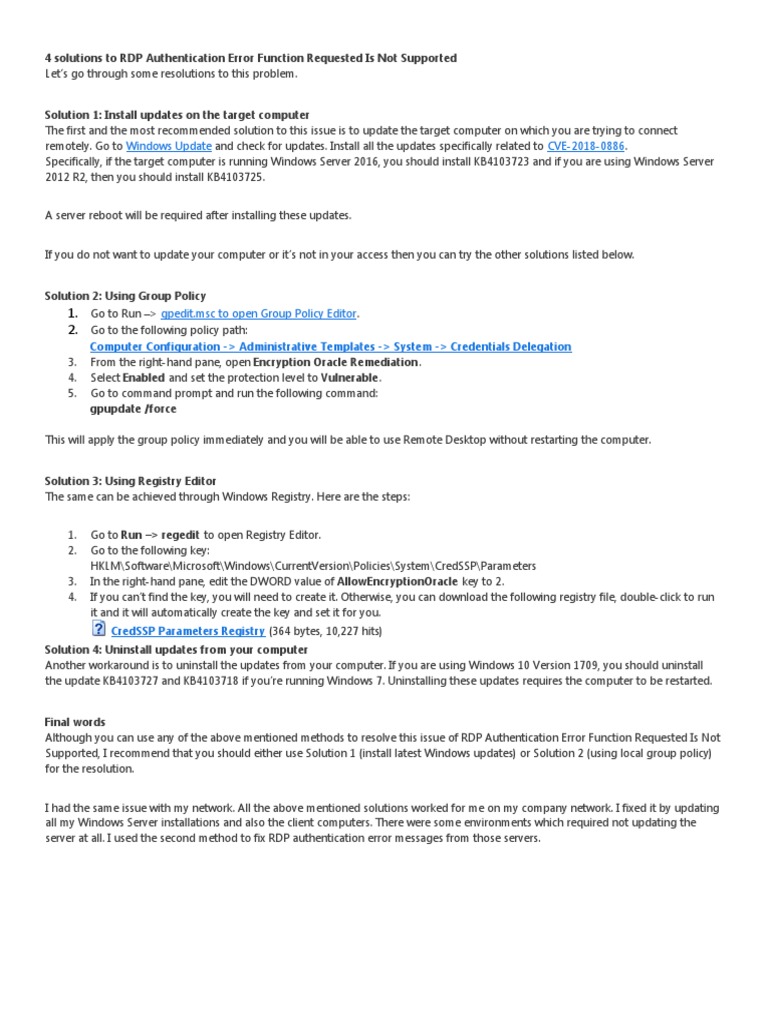 Solutions To RDP Authentication Error Function Requested Is Not Supported | PDF | Group Policy ...