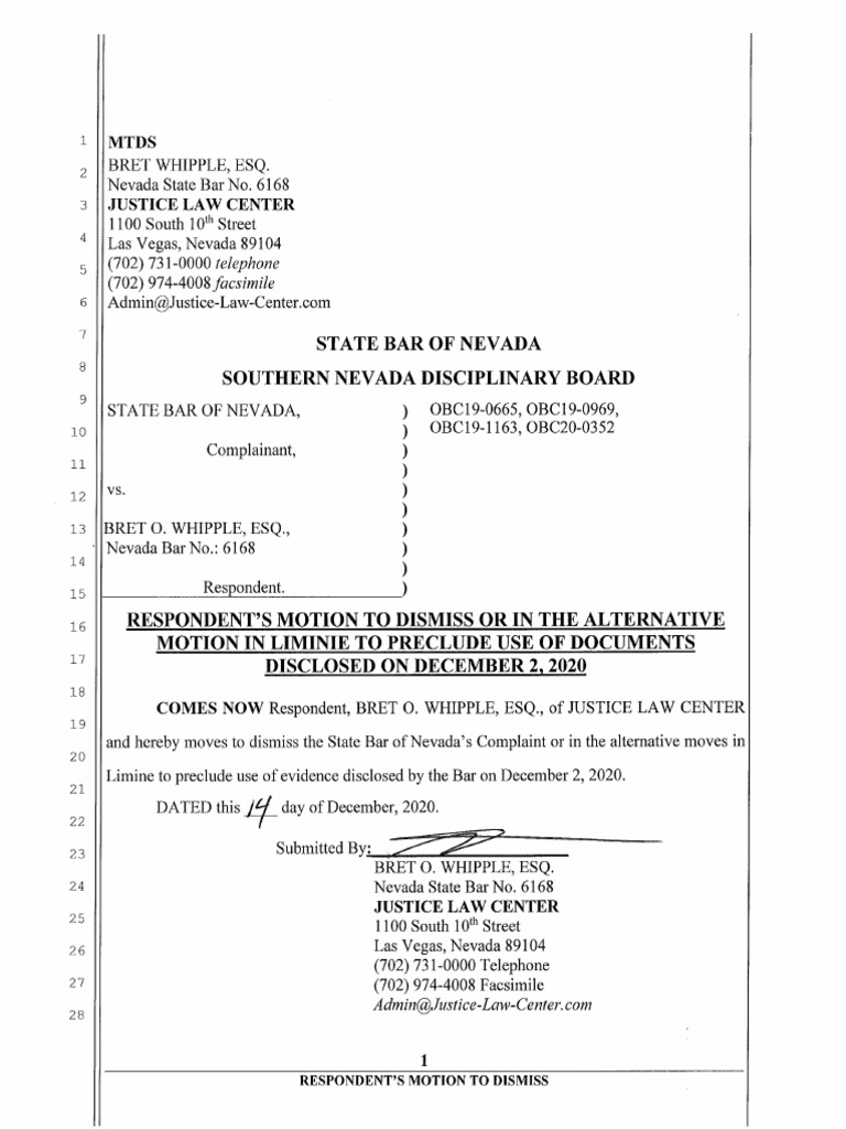 Bret Whipple Bar Motion To Dismiss | PDF