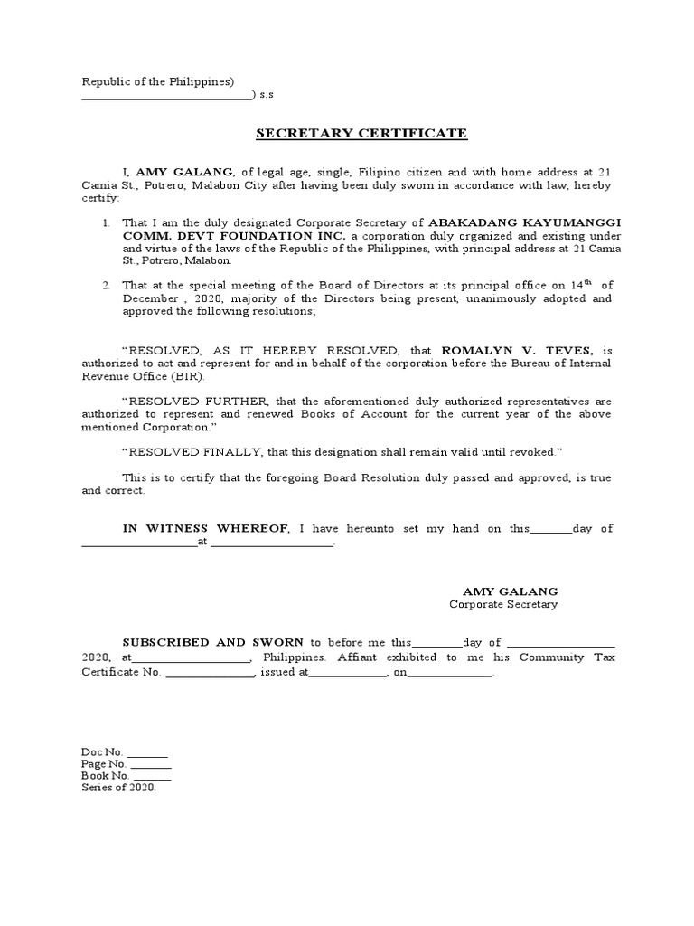 Secretary Certificate | PDF