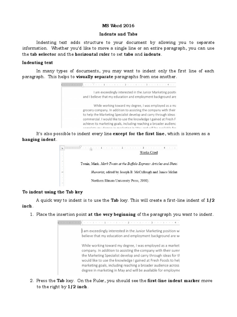 Indenting and Tabs in Word 2016 | PDF | Paragraph | Text