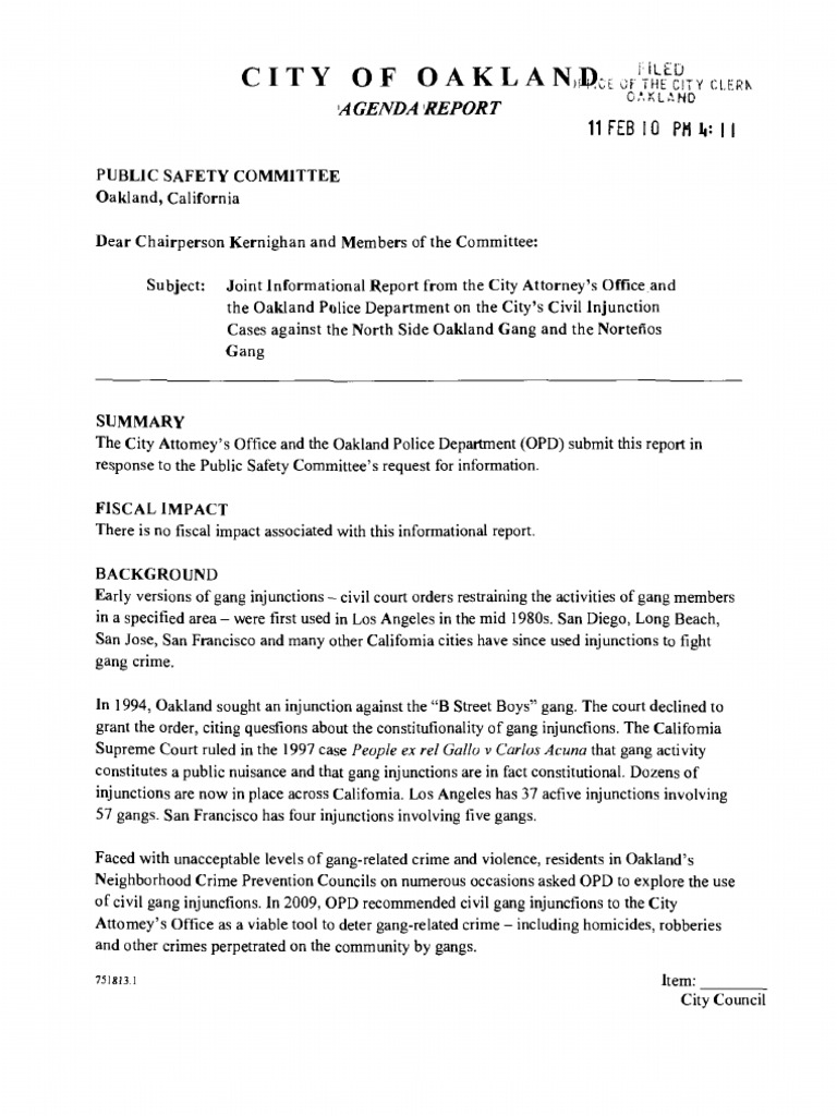 OPD/City Attorney Gang Injunction Report | PDF | Gang | Injunction