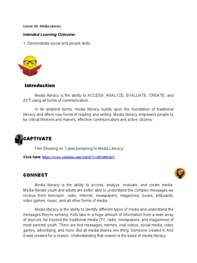 Intended Learning Outcome:: Lesson 10: Media Literacy | PDF | Mass ...