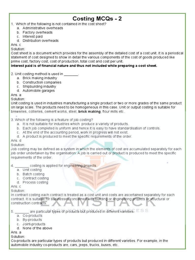 Costing Mcqs - 2: Interest Paid Is of Financial Nature and Thus Not ... Costing Mcqs - 2: Interest Paid Is of Financial Nature and Thus Not ...