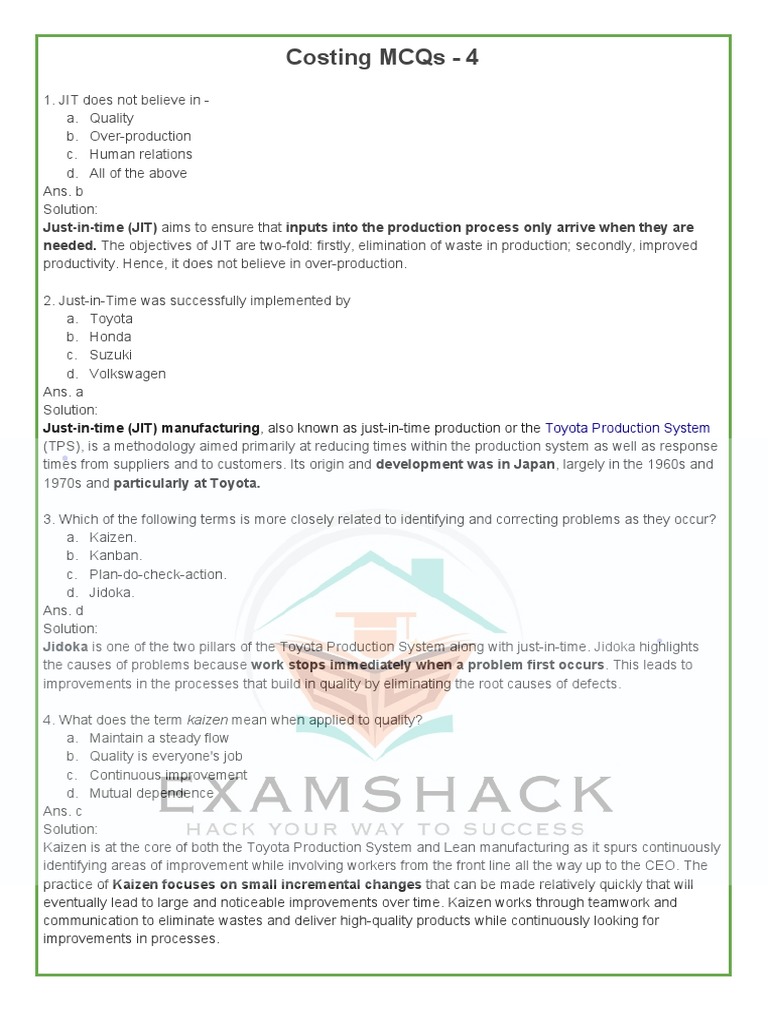 Costing Mcqs - 4: Just-In-Time (Jit) Needed | PDF | Lean Manufacturing | Economic Sectors