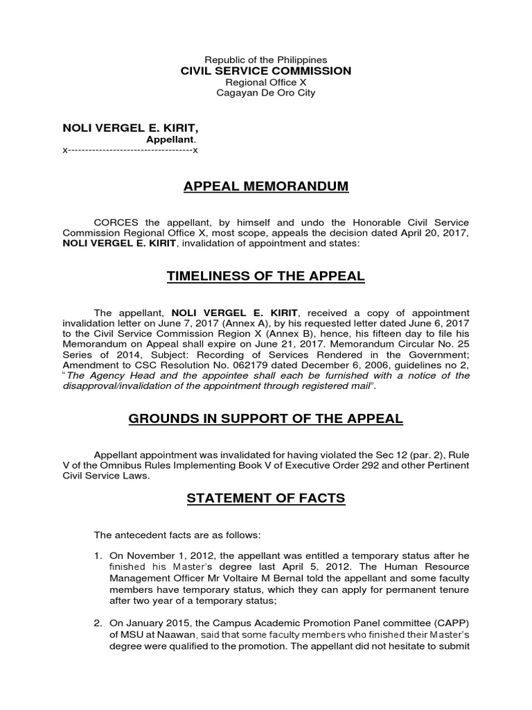 Appeal Memorandum: Civil Service Commission | PDF | Dean (Education ...