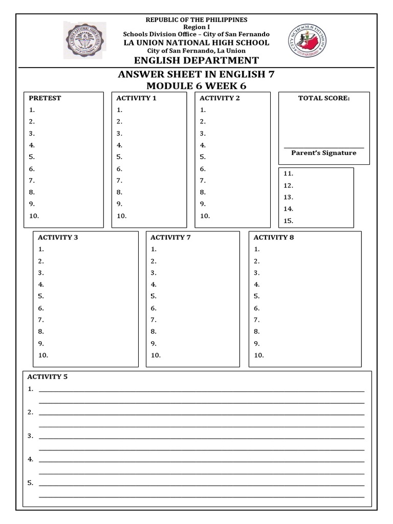 English Department Answer Sheet in English 7 Module 6 Week 6 | PDF
