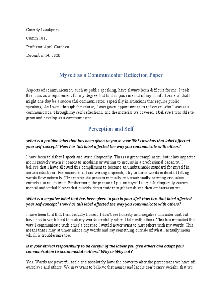 Myself As A Communicator Reflection Paper | PDF | Nonverbal ...