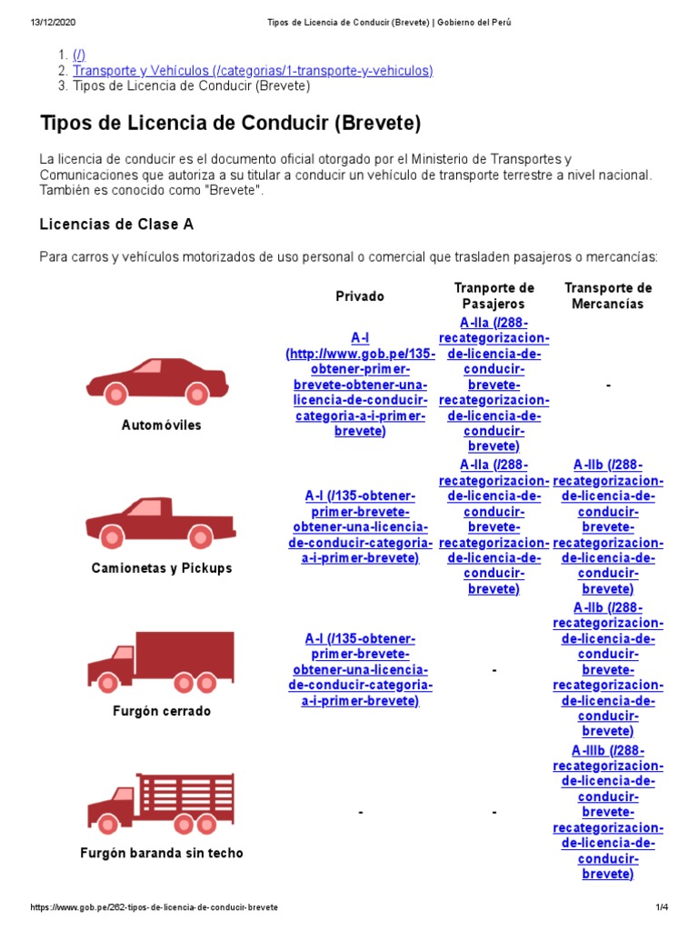 Tipos de Licencia de Conducir (Brevete) - Gobierno Del Perú | PDF
