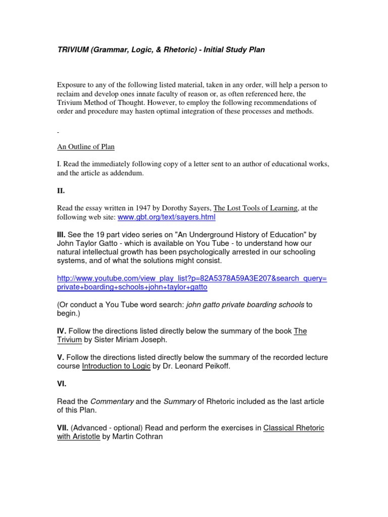 TRIVIUM (Grammar, Logic, & Rhetoric) - Initial Study Plan | PDF ...