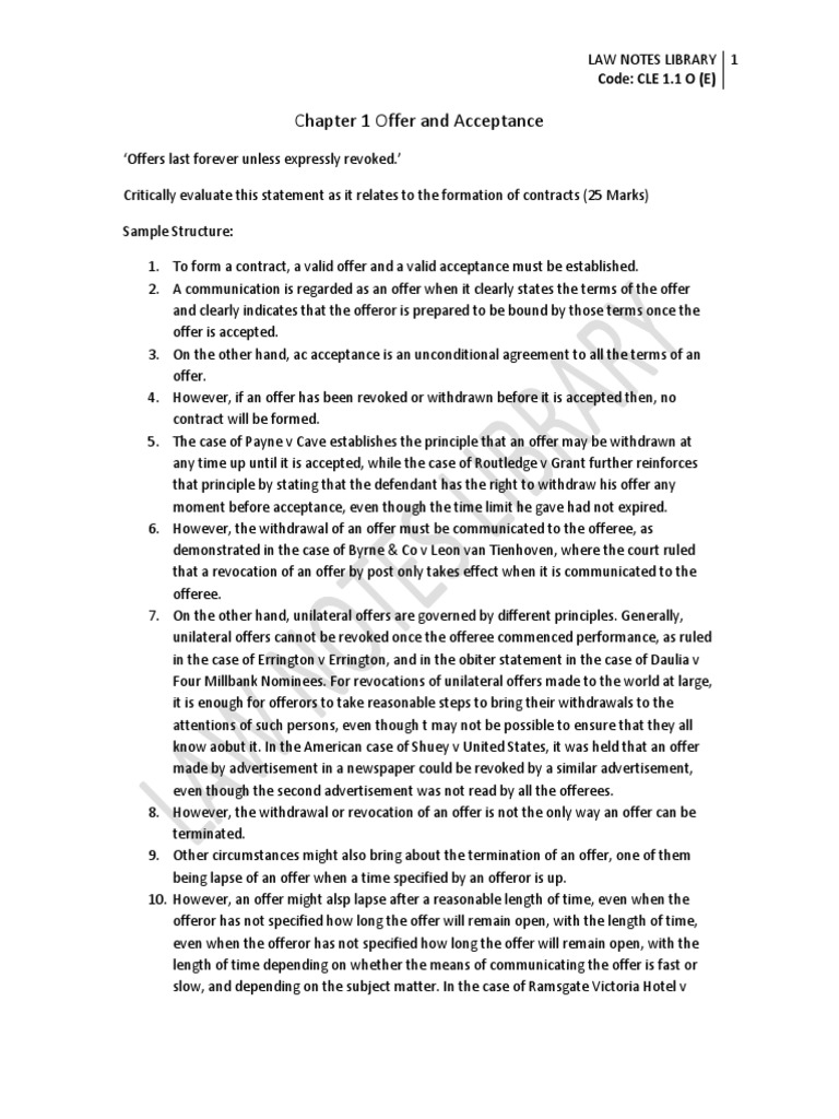 Chapter 1 Offer and Acceptance: Code: CLE 1.1 O (E) | PDF | Offer And ...