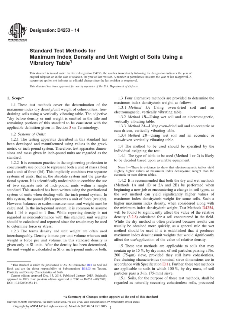 ASTM-D4253-14-Maximum Index Density and Unit Weight of Soils Using A Vibratory Table PDF | PDF ...