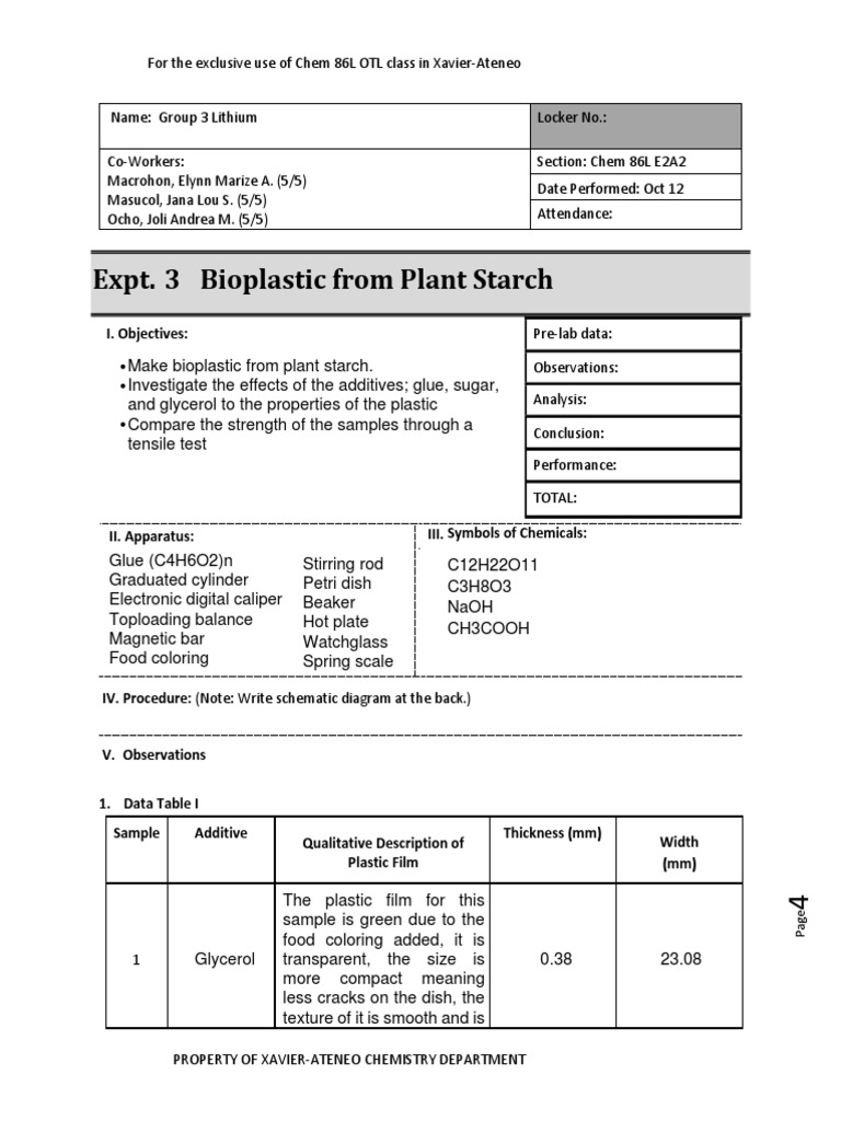 Expt 3 Bioplastic From Plant Starch Lab Data Sheet | PDF ...