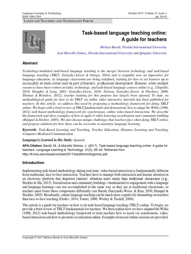 Task-Based Language Teaching Online: A Guide For Teachers | PDF ...