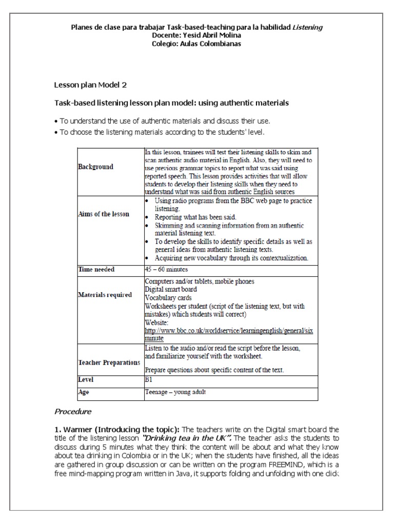 Task Based Lesson Plan Model 2 | PDF | Vocabulary | Lesson Plan