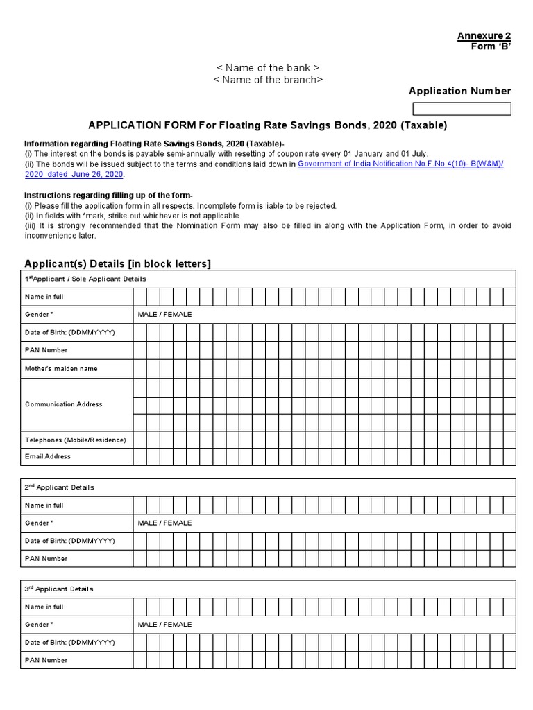 Application Number APPLICATION FORM For Floating Rate Savings Bonds ...