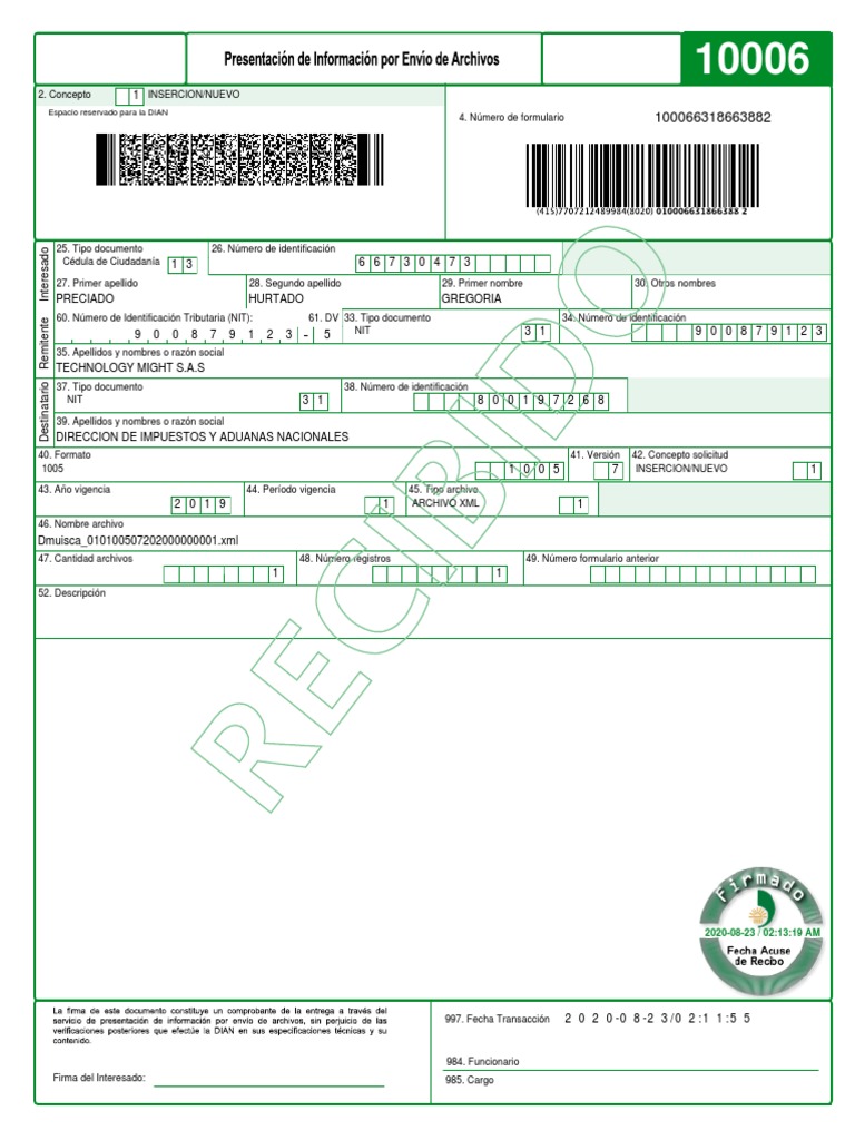 Formato 1005 Presentado 100066318663882 | PDF | Business