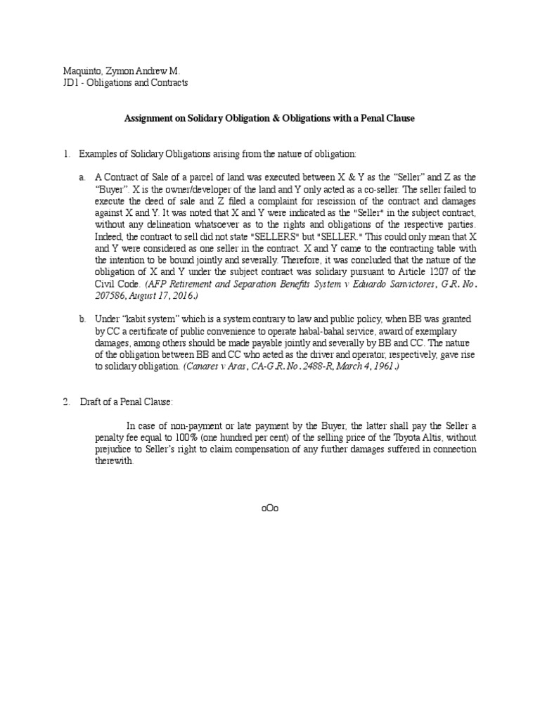 Assignment On Solidary Obligation & Obligations With A Penal Clause ...
