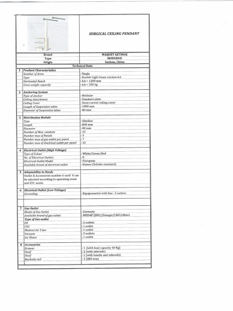 Spesifikasi - Moduevo Surgical Ceiling Pendant (MAQUET, China) | PDF