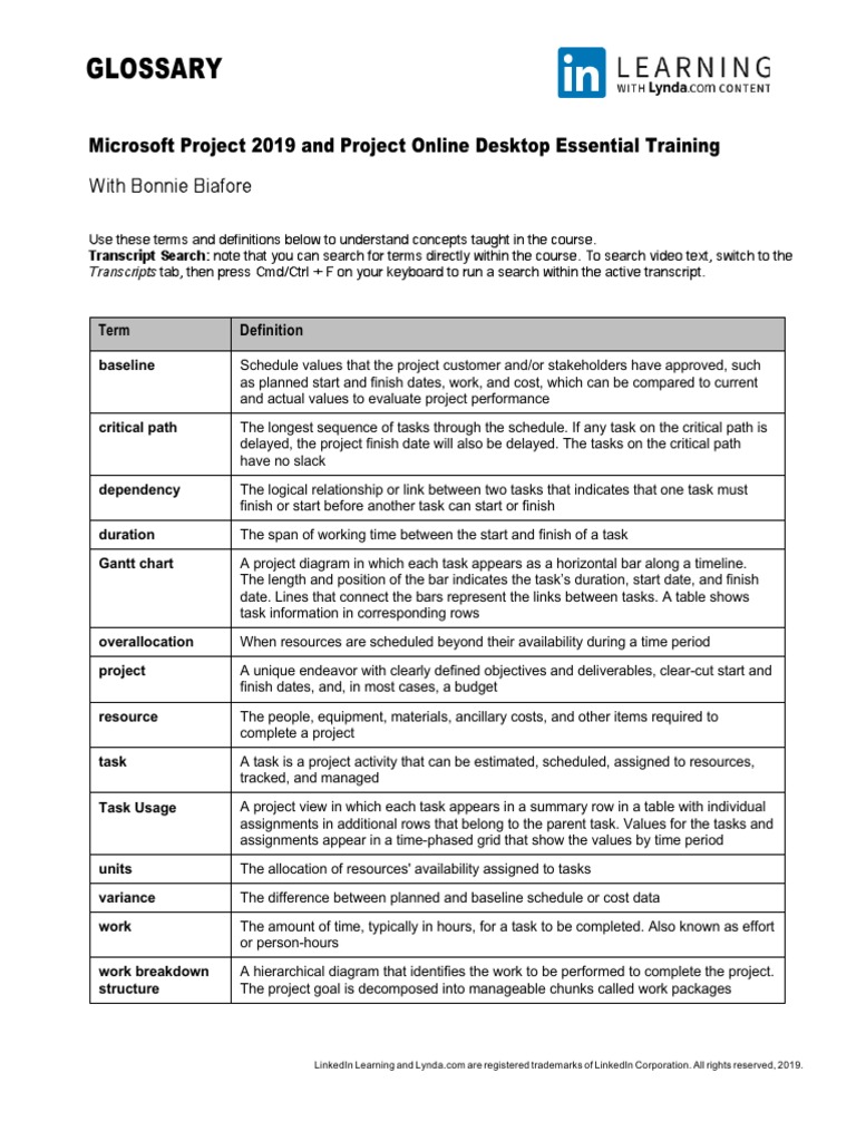 Glossary Microsoft Project 2019 and Project Online | PDF | Business ...