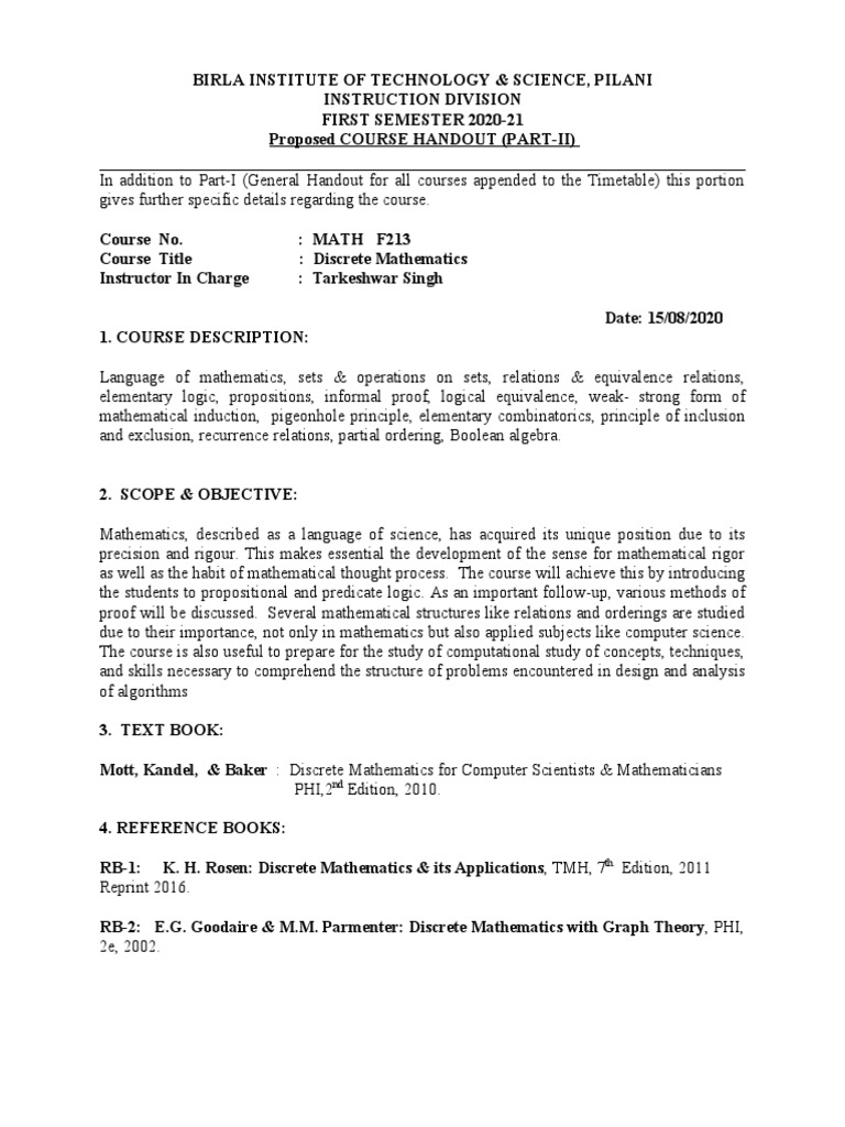 Proposed Course Handout for Discrete Mathematics (MATH F213) Covering Topics Such as Logic ...