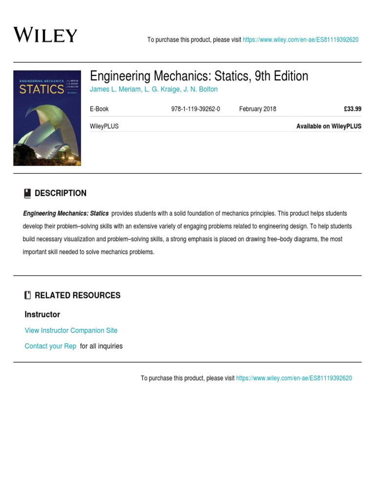 Engineering Mechanics: Statics, 9th Edition: Description | PDF