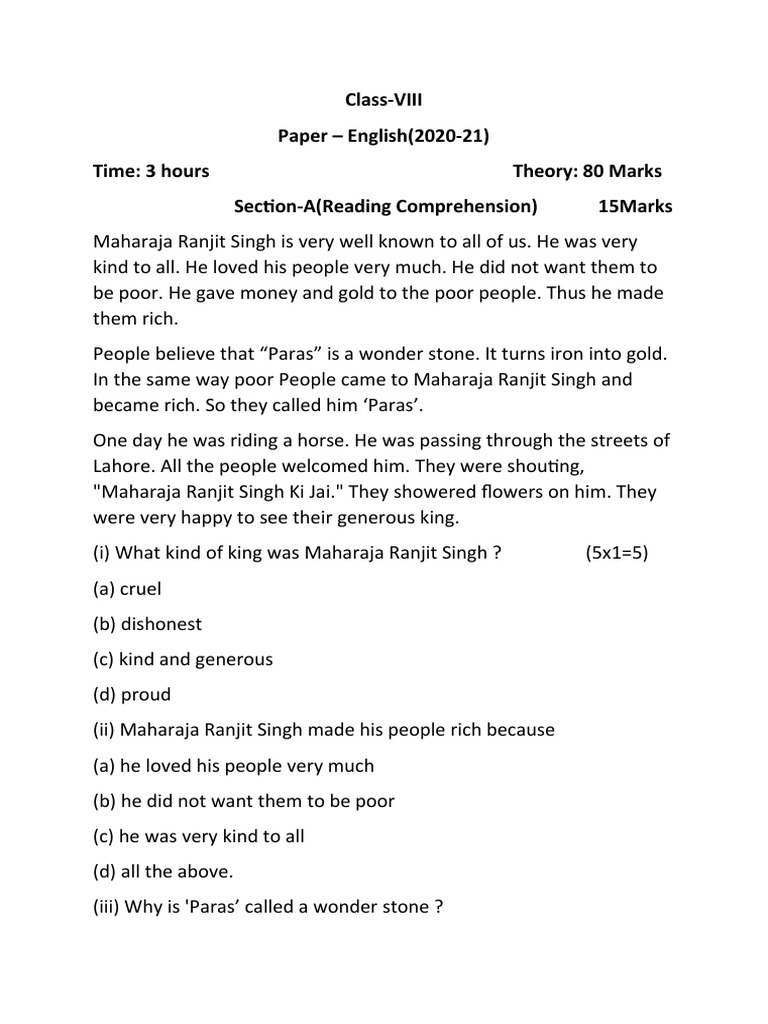 Class-VIII Paper - English (2020-21) Time: 3 Hours Theory: 80 Marks ...