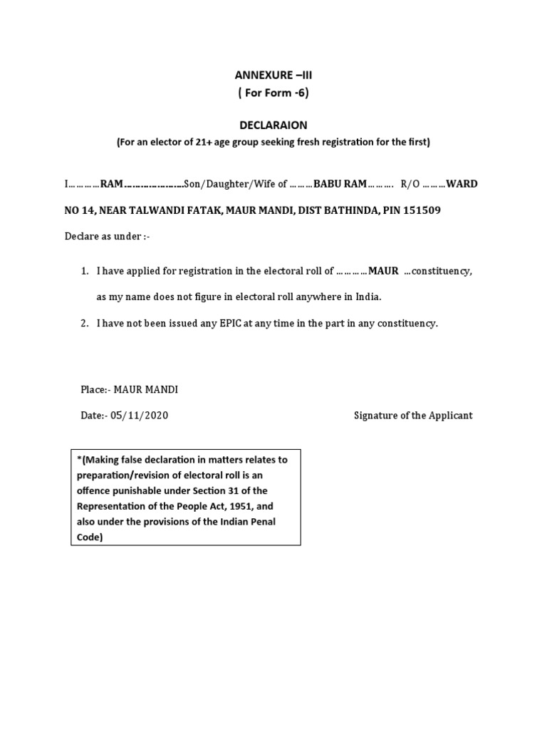 Annexure - Iii (For Form - 6) Declaraion | PDF