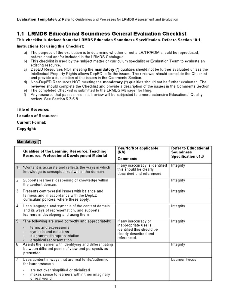 6.2 LRMDS Educational Soundness General Evaluation Checklist | PDF ...