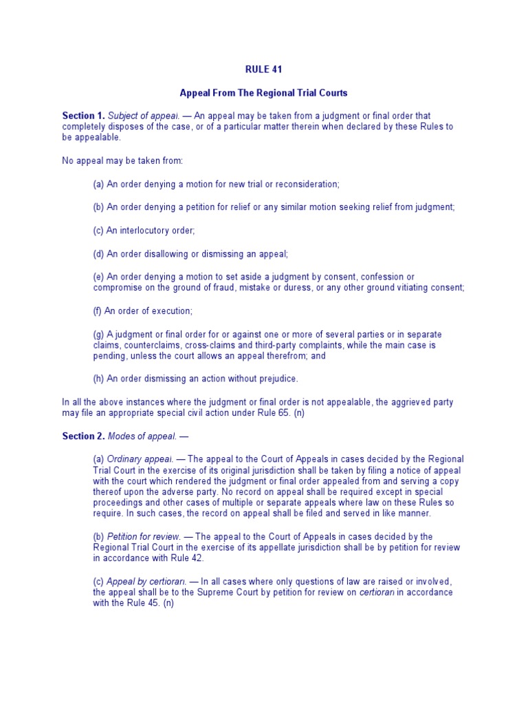 Rule 41 Appeal From The Regional Trial Courts Section 1. Subject of ...