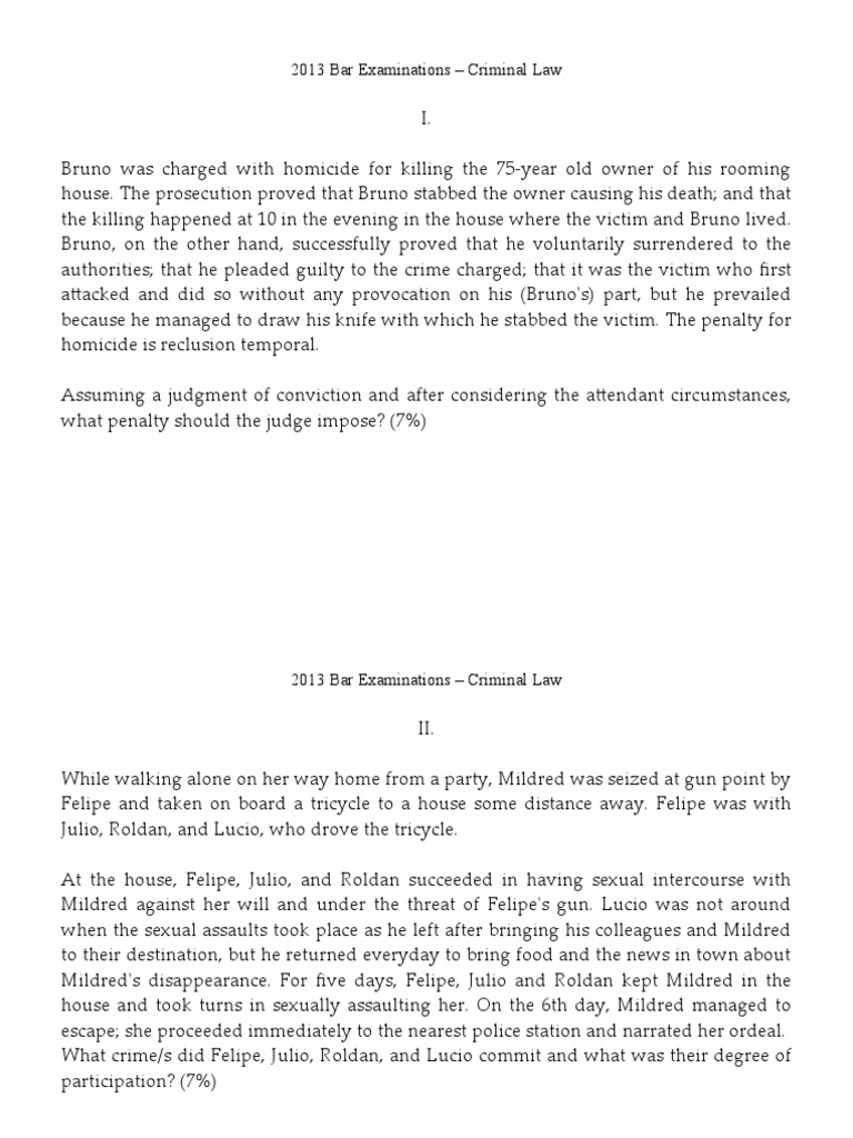2013 Bar Exam Criminal Law | PDF | Sentence (Law) | Prison