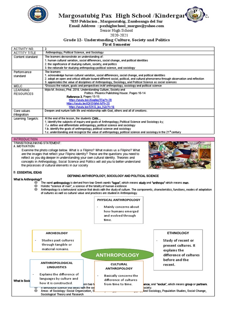 Act 3 - Antrho, Socio & Pol Sci | PDF | Anthropology | Sociology
