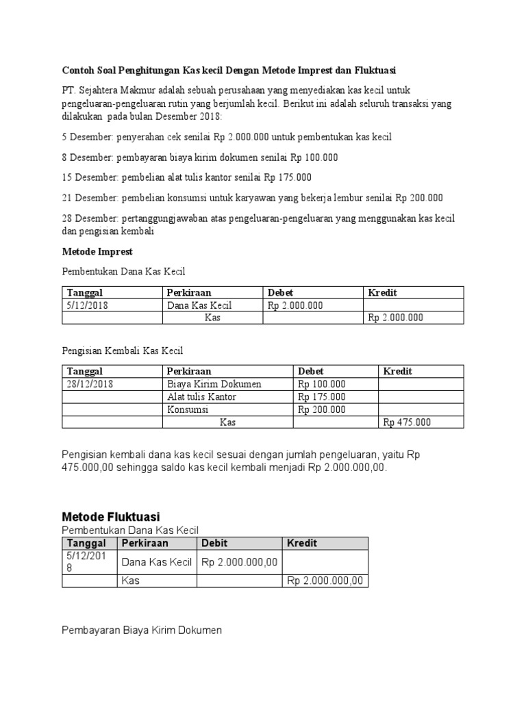 Contoh Soal Penghitungan Kas Kecil Dengan Metode Imprest Dan Fluktuasi | PDF