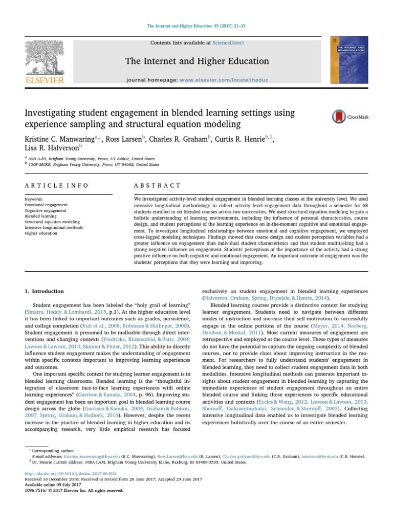 Investigating Student Engagement in Blended Learning Settings Usingexperience Sampling and ...