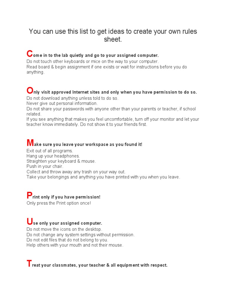 You Can Use This List To Get Ideas To Create Your Own Rules Sheet | PDF