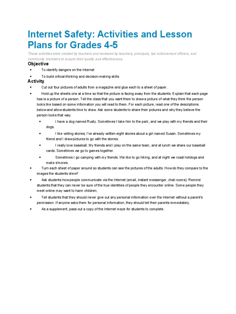 Internet Safety: Activities and Lesson Plans For Grades 4-5: Objective ...