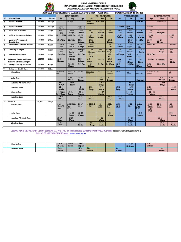 OSHA Annual OHS Training Calendar 2020-2021 | PDF | Employee Relations ...