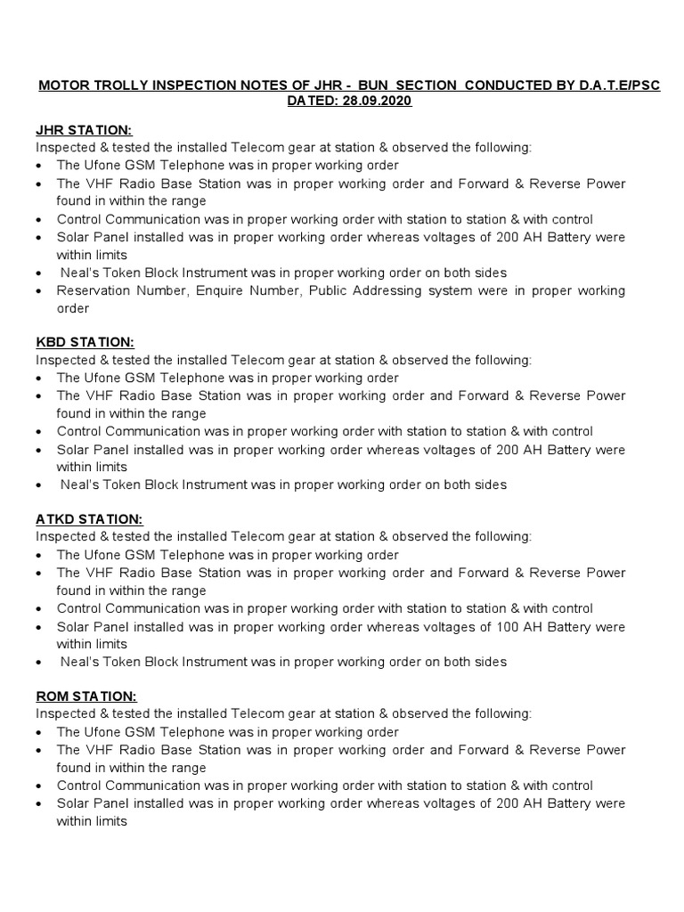 Motor Trolly Inspection Notes of JHR - Bun Section Conducted by D.A.T.E ...