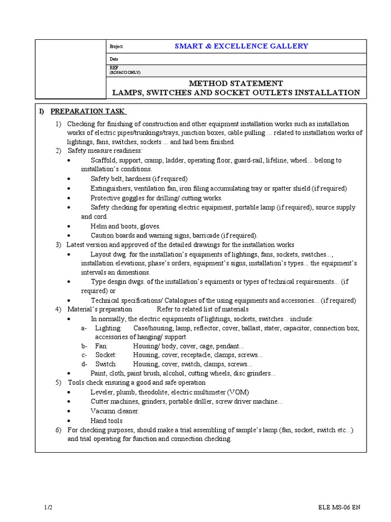 Method Statement Lamps, Switches and Socket Outlets Installation | PDF ...