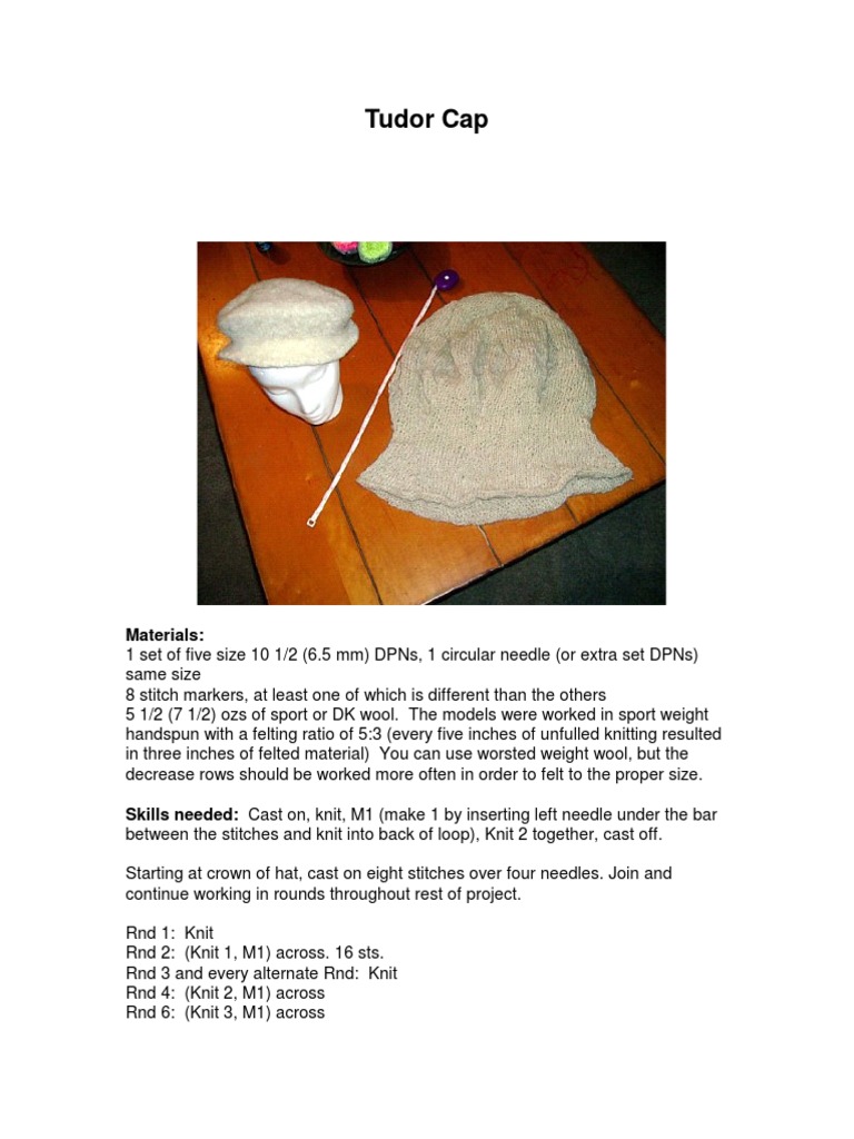 Tudor Cap Pattern | PDF | Knitting | Yarn