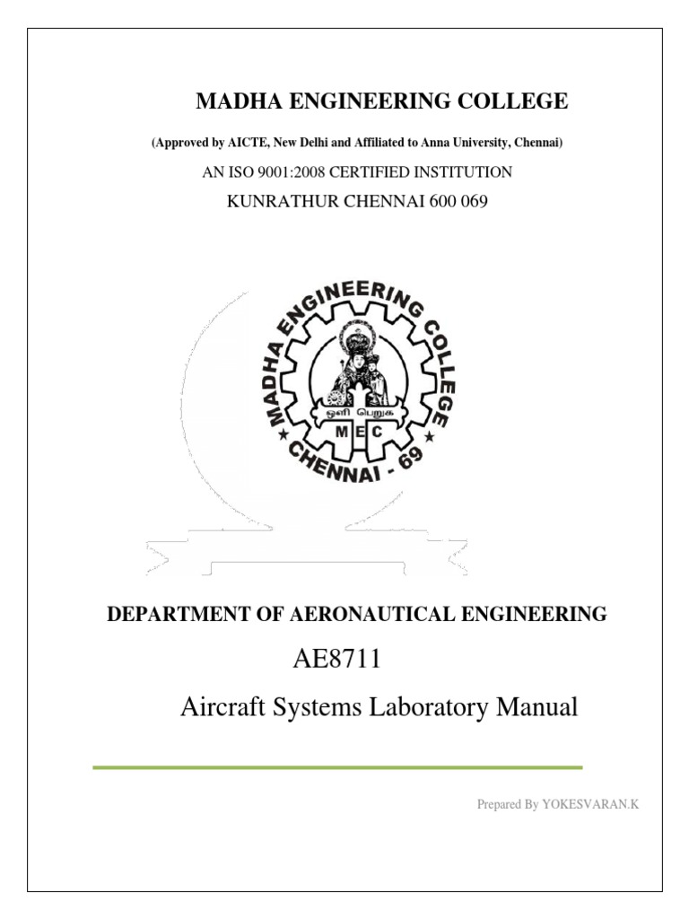AE8711 Aircraft Systems Laboratory Manual: Madha Engineering College ...
