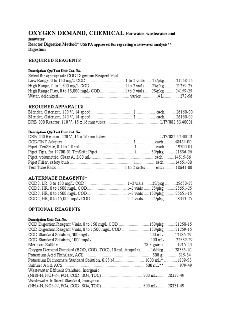 Oxygen Demand, Chemical: Required Reagents | PDF | Environmental Issues ...