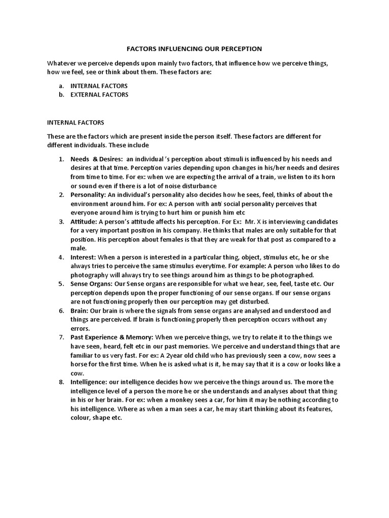 Factors Influencing Our Perception | PDF | Senses | Perception