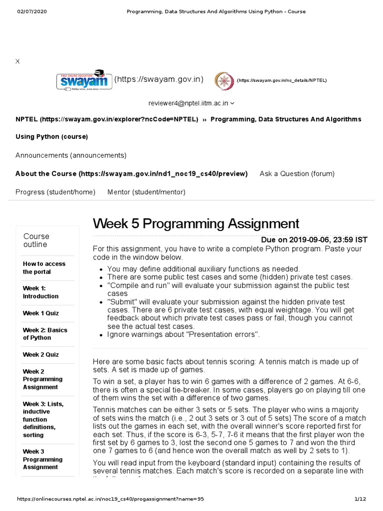 Week 5 Programming Assignment: (Https://swayam - Gov.in) | PDF | Input ...