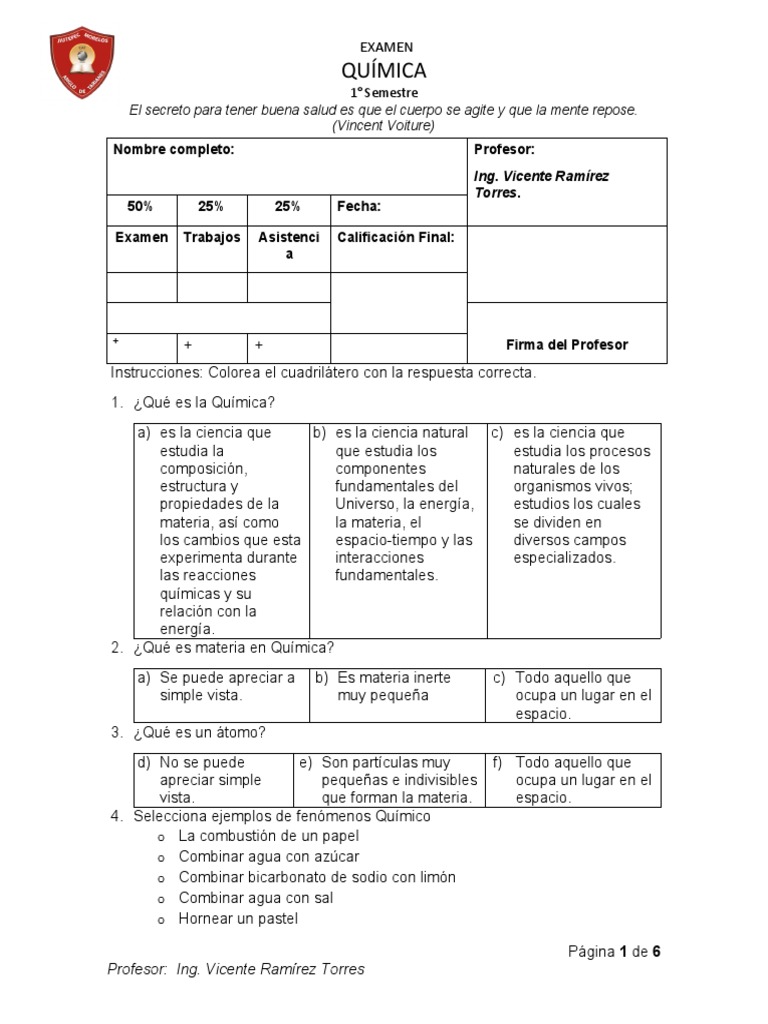 Examen Primer Parcial Química I 1 Semestre Pdf Densidad Importar