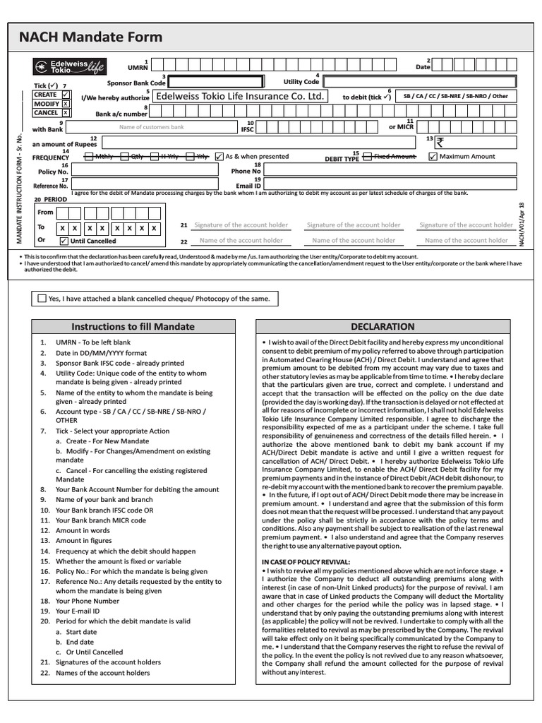 NACH Mandate Form Instructions | PDF | Debit Card | Automated Clearing ...