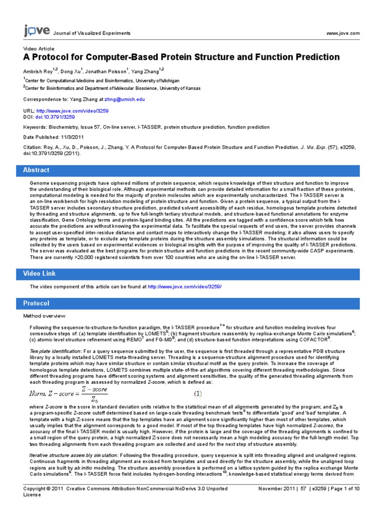 A Protocol For Computer-Based Protein Structure and Function Prediction | PDF | Sequence ...