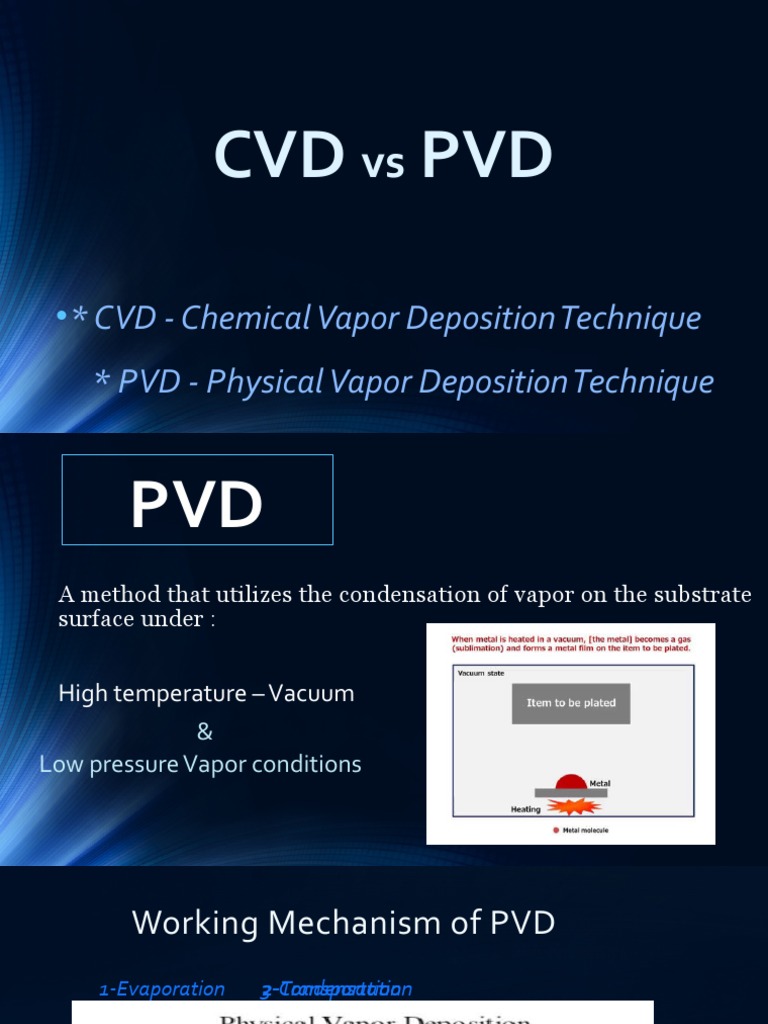 CVD PVD: CVD - Chemical Vapor Deposition Technique PVD - Physical Vapor Deposition Technique ...