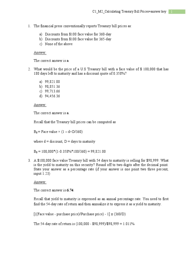 Treasury Bill Pricing and Yield Calculations | PDF